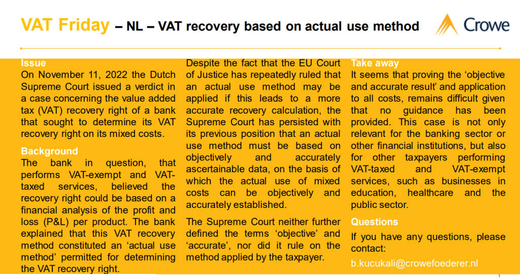 VAT recovery based on actual use method – VATupdate